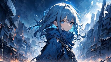 Anime Girl Against The Background Of The Blue Apocalypse Anime