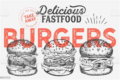 빈티지 배경에 레스토랑에 대 한 햄버거 그림입니다 패스트 푸드 카페와 햄버거 트럭에 대 한 벡터 손으로 그린 포스터 레터링으로 디자인 하 고 그래픽 채소를 낙서 햄버거 류에