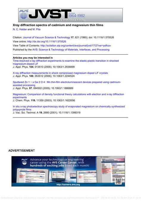 PDF X Ray Diffraction Spectra Of Cadmium And Magnesium Thin Films
