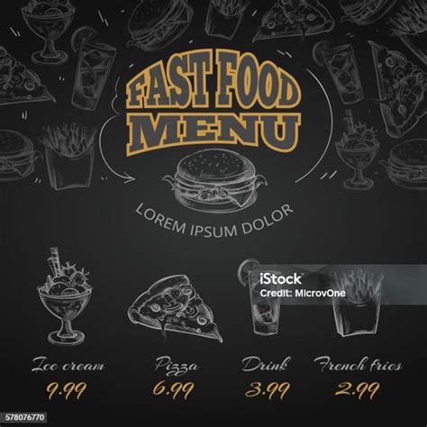 Chalkboard Fast Food Menu In Hand Drawn Style Vector Illustration向量圖形及更