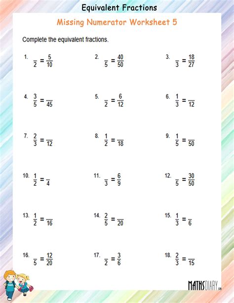 fill missing numerator to complete the equivalent fraction worksheets