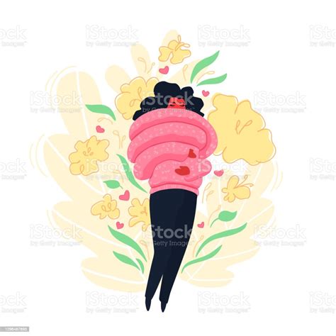 자기 사랑 개념 한 여성이 자신을 껴안습니다 소녀는 팔로 그녀의 몸을 포용한다 자신을 사랑해요 배경에 꽃 아프리카계 미국 민족에