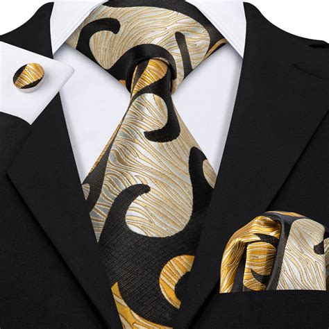 Black Yellow Novelty Silk Tie Hanky Cufflinks Set