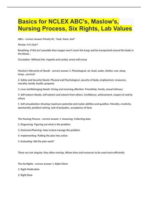 Basics For Nclex Abcs Maslows Nursing Process Six Rights Lab