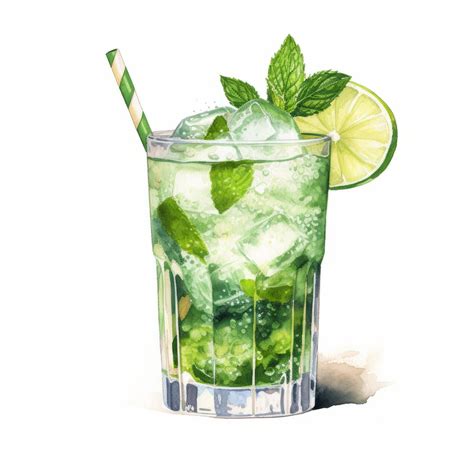 Premium Ai Image Realistic Watercolor Illustration Of Mojito Cocktail