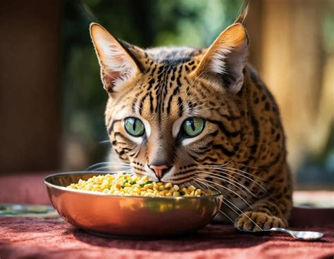 Premium Photo Bengal Cat Eats Food From A Bowl