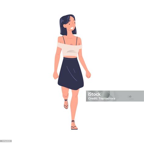 거리에서 산책하고 웃는 여성 캐릭터 워킹 벡터 일러스트 레이 션 개념에 대한 스톡 벡터 아트 및 기타 이미지 개념 거리 걷기 Istock