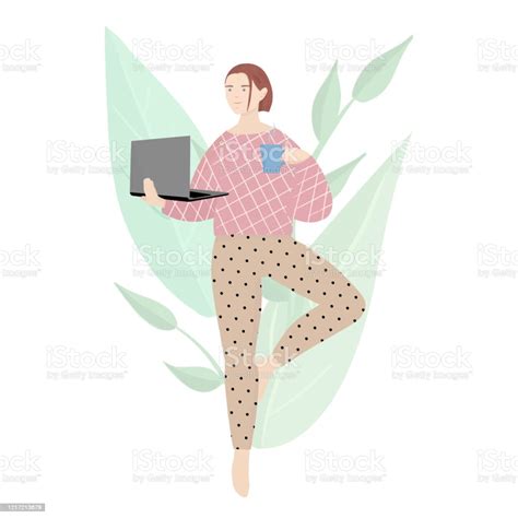 노트북과 커피 한 잔과 함께 아사나에 서있는 소녀 집에서 일하십시오 여자는 격리 요가를 연습합니다 벡터 플랫 일러스트레이션입니다