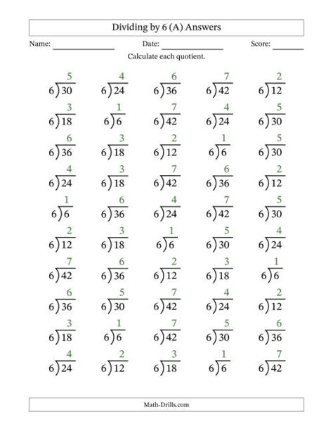 Division Facts By A Fixed Divisor 6 And Quotients From 1 To 7 With