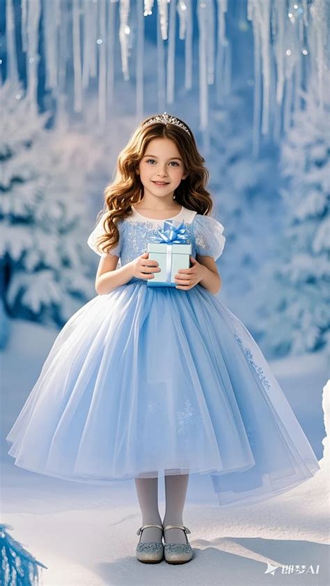 淡蓝色公主长裙外国小女孩正面全身照 看到脚 手抱礼盒 冰雪梦幻蓝背景 2 花瓣网