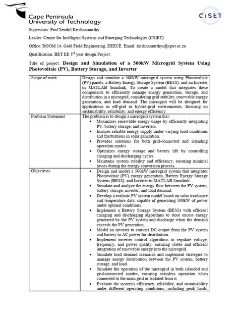 Design And Simulation Of A 500kw Microgrid System Using Photovoltaic Pv Battery Storage And