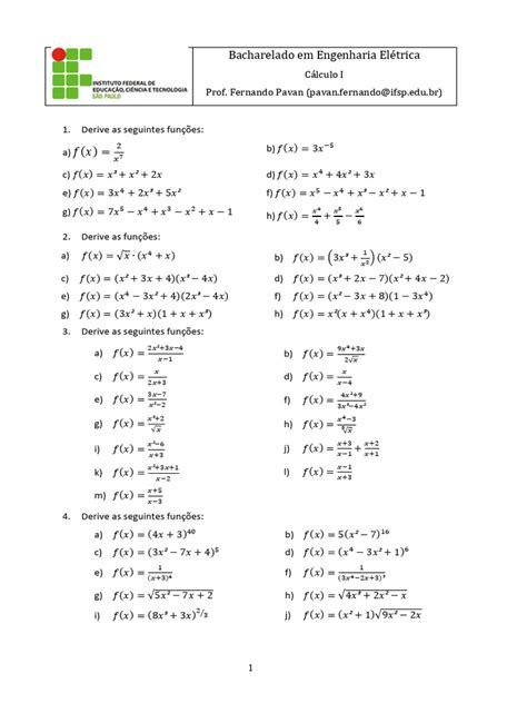 Lista 01 Derivadas Pdf Teaching Methods And Materials