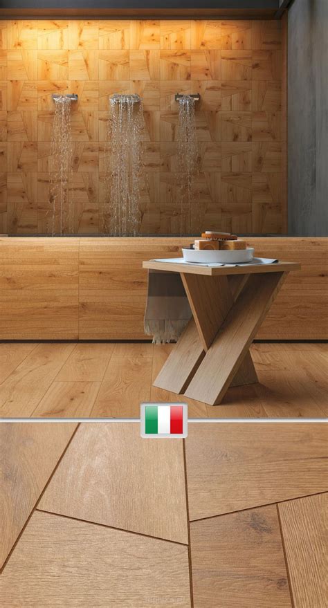 Интерьер ванной комнаты с плиткой под дерево в мокрой зоне