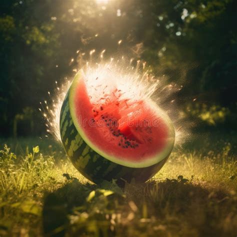 Close Up Of Watermelon Exploding In Garden Created Using Generative Ai