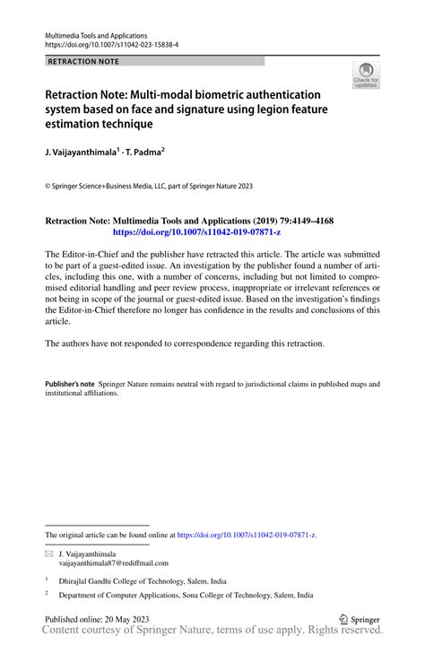 Retraction Note Multi Modal Biometric Authentication System Based On