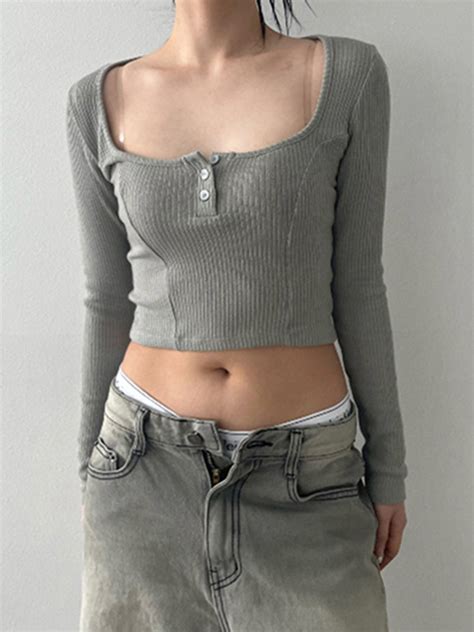 Emmiol Free Shipping 2023 Solid Color Square Neck Crop Long Sleeve Knit Gray S In Long Sleeve