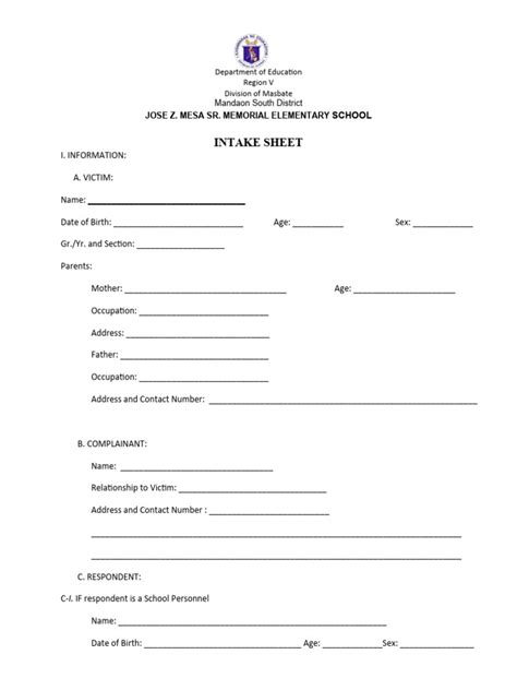 Intake Sheet Pdf