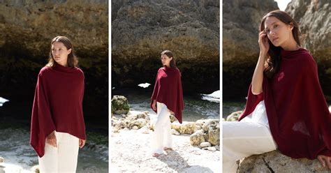 Personalised Burgundy Red Pure Cashmere Button Poncho Sha Mimi