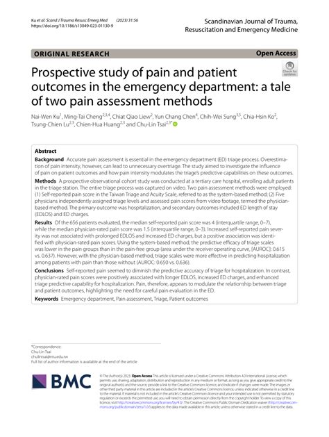 PDF Prospective Study Of Pain And Patient Outcomes In The Emergency Department A Tale Of Two