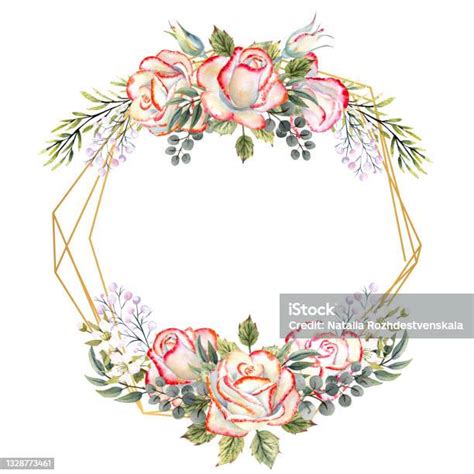 잎 장식 나뭇 가지와 열매와 흰색 장미의 꽃다발 황금 기하학적 프레임 로고 초대장 인사말 카드에 대한 수채화 그림 0명에 대한