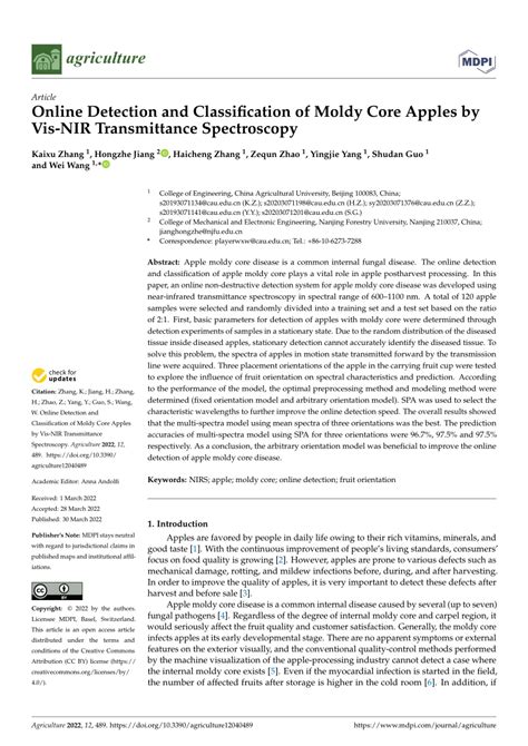 Pdf Online Detection And Classification Of Moldy Core Apples By Vis