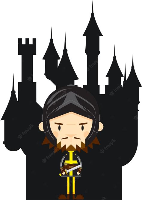 성 역사 삽화에서 검을 든 귀여운 만화 용감한 중세 기사 프리미엄 벡터