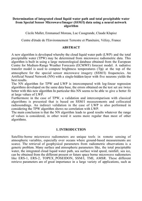 Pdf Determination Of Integrated Cloud Liquid Water And Total Precipitable Water Using A Neural