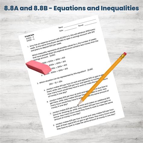 Staar Math 8 Quiz 88a And 88b Writing Equations And Inequalities