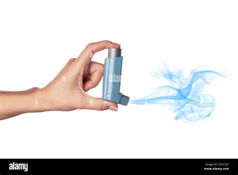 Asthma Treatment Woman Holding Inhaler On White Background Closeup Aerosolized Medication