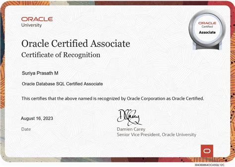 Oracle Oraclecertified Oraclecertification Sqldatabase Certificate… Suriya Prasath