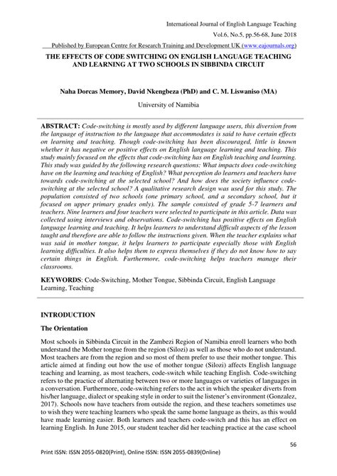 Pdf The Effects Of Code Switching On English Language Teaching And Learning At Two Schools In