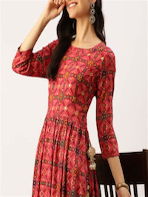 Buy Showoff Women Pink Ethnic Motifs Printed Mirror Work Anarkali Kurta