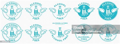 一套包裝產品的概念郵票標籤 無酒精帶翅膀的圓形郵票 解放自由的象徵瓶平圖示與流出成分行向量分組元素向量圖形及更多乙醇圖片 Istock