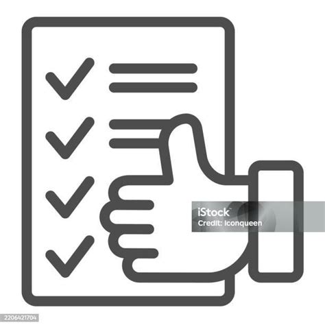 체크리스트 종이 엄지 손가락 손 라인 아이콘 디자인 모집 개념 벡터 그래픽입니다 퀴즈 테스트 요약 흰색 배경에 성공 표시 모바일 또는 웹 디자인을위한 개요 스타일 아이콘