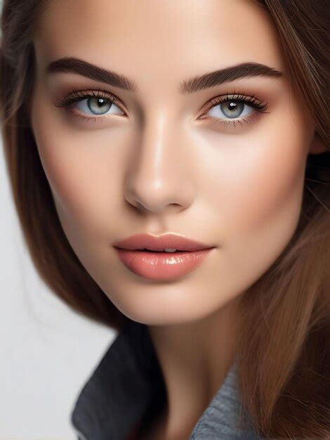 Closeup Portrait Of A Woman With Long Brown Hair And Blue Eyes
