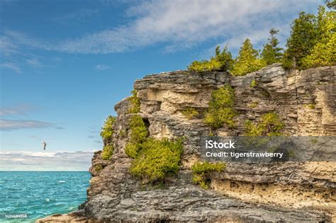 Grotto 근처의 Indian Head Cove 풍경과 캐나다 온타리오 주 Tobermory의 돌출 된 바위 관광 명소의 전망