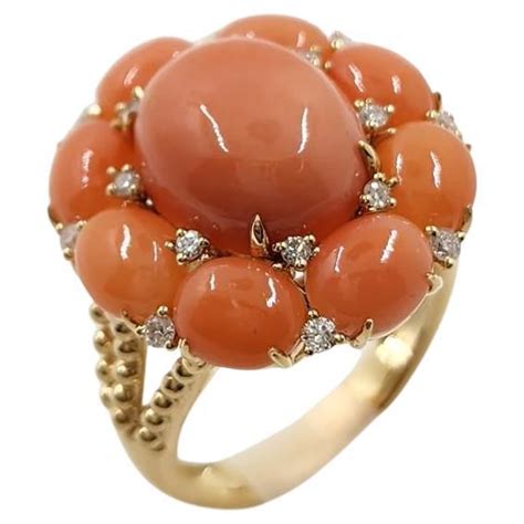 Vintage Angel Skin Coral Diamond Ring In 18 Karat Yellow Gold At 1stdibs