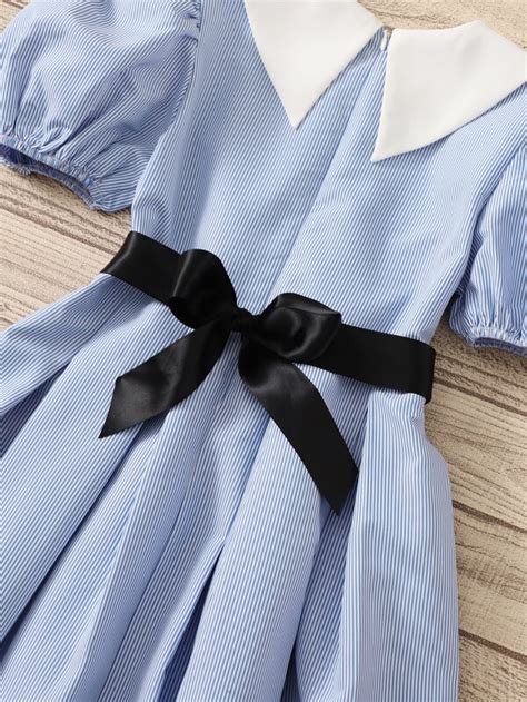 Shein Girls Striped Contrast Collar Bow Front Puff Sleeve Pleated