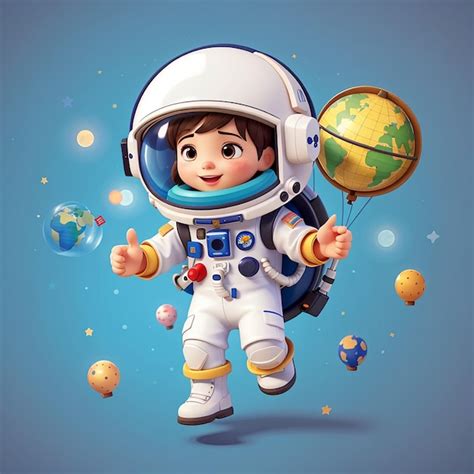 Cute Astronaut Floating With Planet And World Globe Earth Balloon
