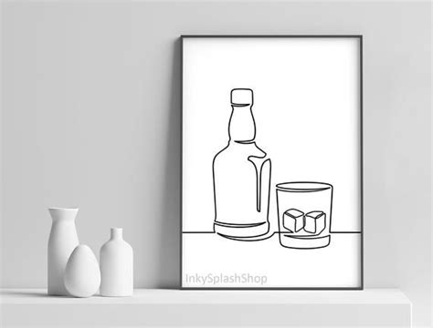 Whiskey Glass And Bottle One Line Art Printable Modern Alcohol Poster
