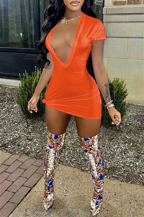 Sexy Casual Solid Basic V Neck Short Sleeve Dress Dresses