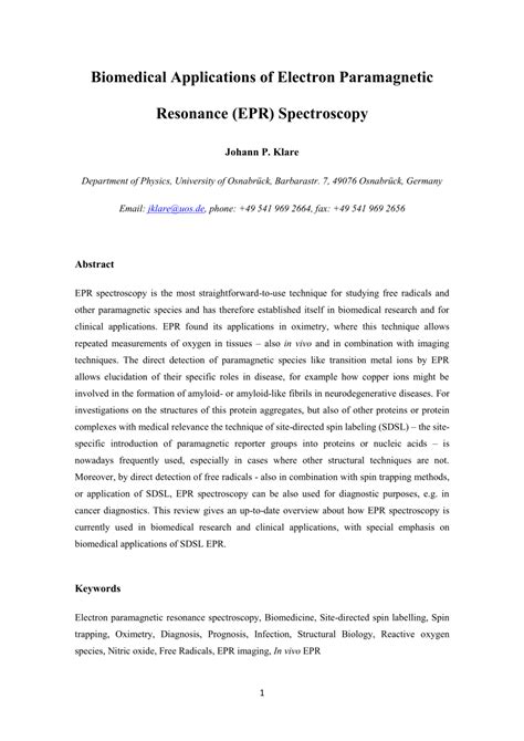 Pdf Biomedical Applications Of Electron Paramagnetic Resonance Epr