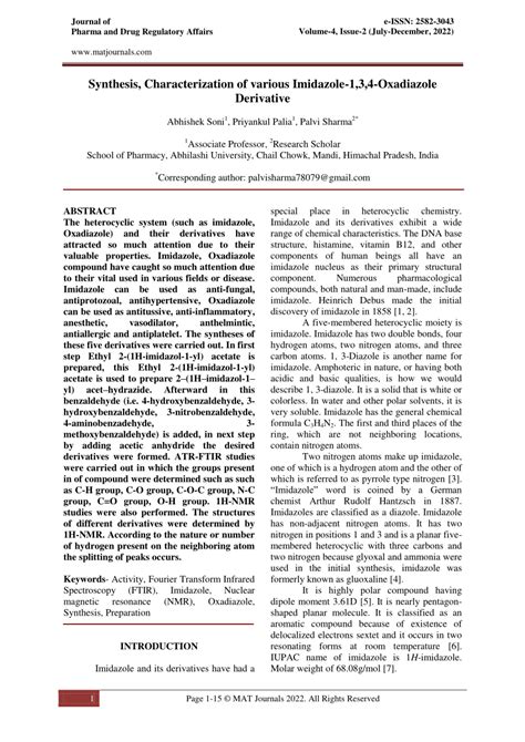 Pdf Synthesis Characterization Of Various Imidazole 1 3 4 Oxadiazole