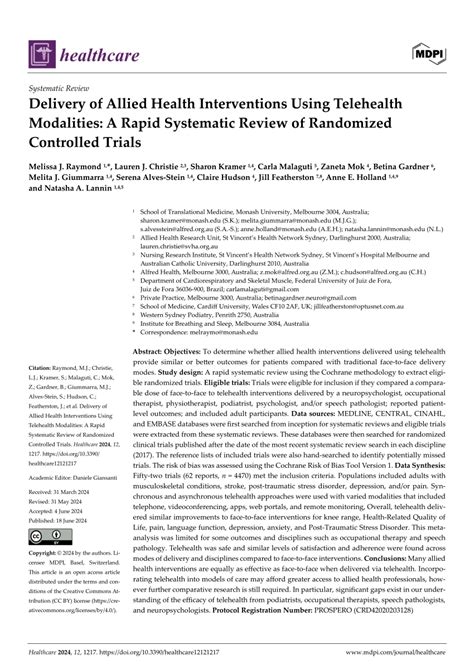 Pdf Delivery Of Allied Health Interventions Using Telehealth Modalities A Rapid Systematic