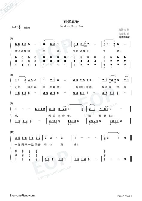 有你真好 钢琴谱文件（五线谱、双手简谱、数字谱、midi、pdf）免费下载