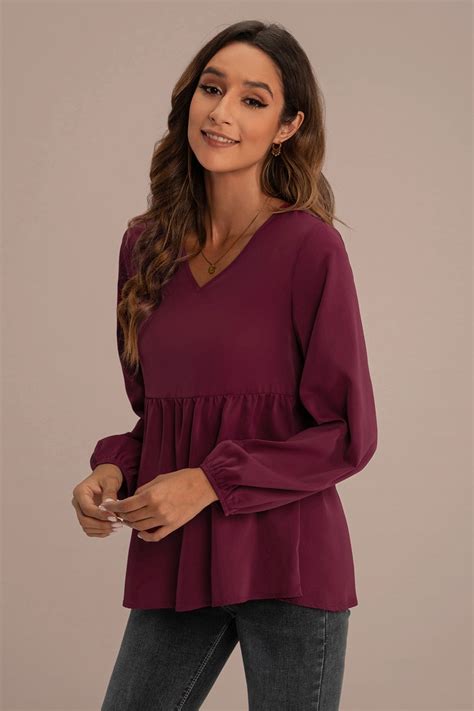 Solid Color V Neck Lantern Sleeve Peplum Blouse Petallush