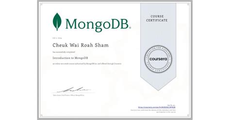 Roah Sham On Linkedin Completion Certificate For Introduction To Mongodb