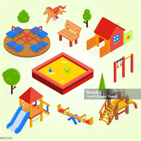 아이 소 메트릭 3d 놀이터 아이콘 세트 벤치 회전 목마 슬라이드 스윙 시소 샌드 박스 벡터 일러스트 레이 션 3차원 형태에 대한 스톡 벡터 아트 및 기타 이미지 Istock