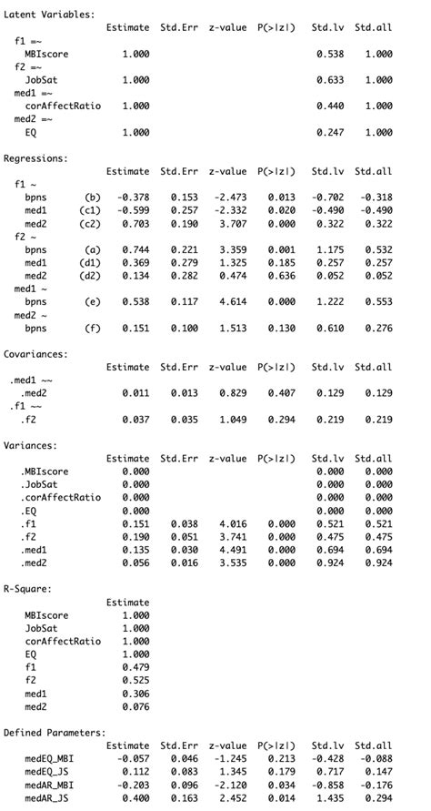 regression how to interpret my sem output in r 1x iv 2x mediators