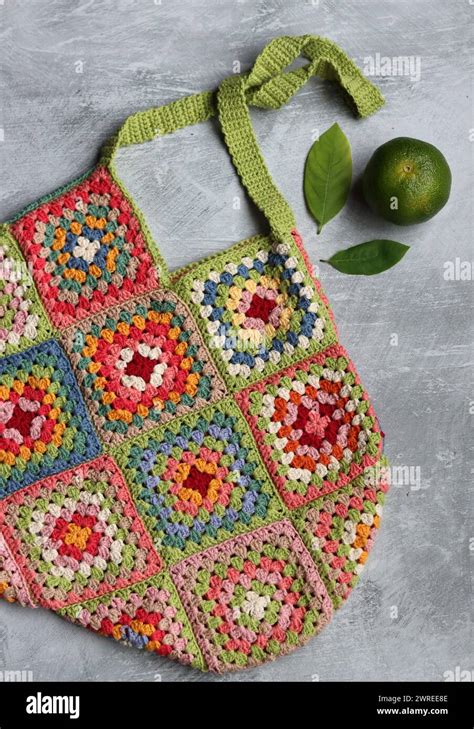 Colorful Granny Squares Crochet Pattern Close Up Photo Beautiful Ornament Made Of Organic